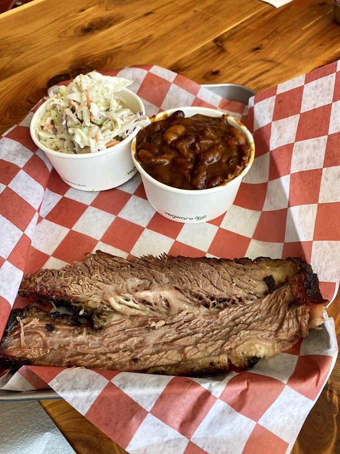 Brisket with that perfect jiggle when sliced, paired with classic sides. This is the barbecue equivalent of hitting the jackpot on your first pull of the Vegas slot machine.