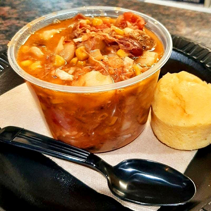 A hearty Brunswick stew that grandmothers everywhere would approve of &ndash; chunks of smoked meat swimming in a tomato broth alongside corn and potatoes.
