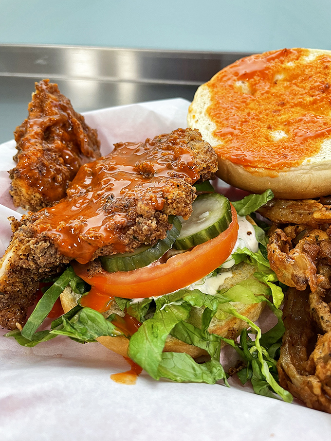 Buffalo chicken that brings the heat without setting off the smoke alarms. That sauce could make cardboard taste good.