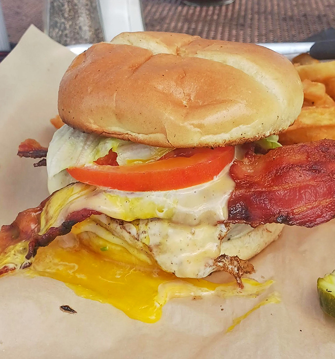 The Hangover Burger doing exactly what its name promises&mdash;that runny egg is nature's most perfect sauce delivery system.