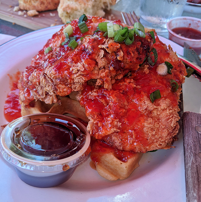 Hot chicken and waffles: the breakfast equivalent of a standing ovation. That glistening sauce is practically begging to be part of your life story.
