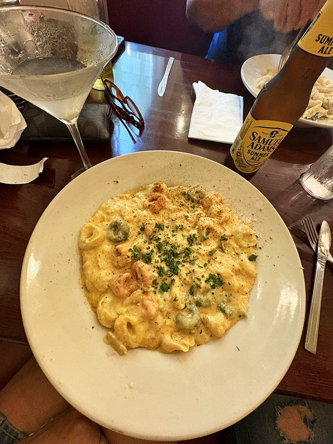 Creamy pasta that glistens with promise &ndash; the kind of comfort food that makes you want to hug the chef and ask for the recipe you'll never actually make at home.