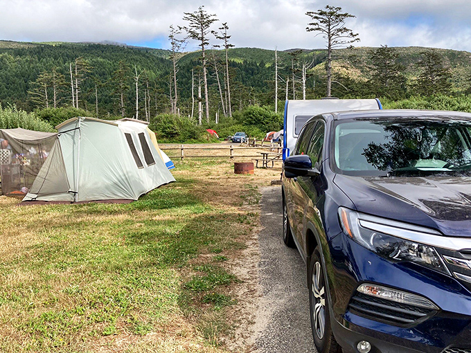 Home sweet temporary home. The campground nestles between forest and shore, proving tents and SUVs can peacefully coexist.