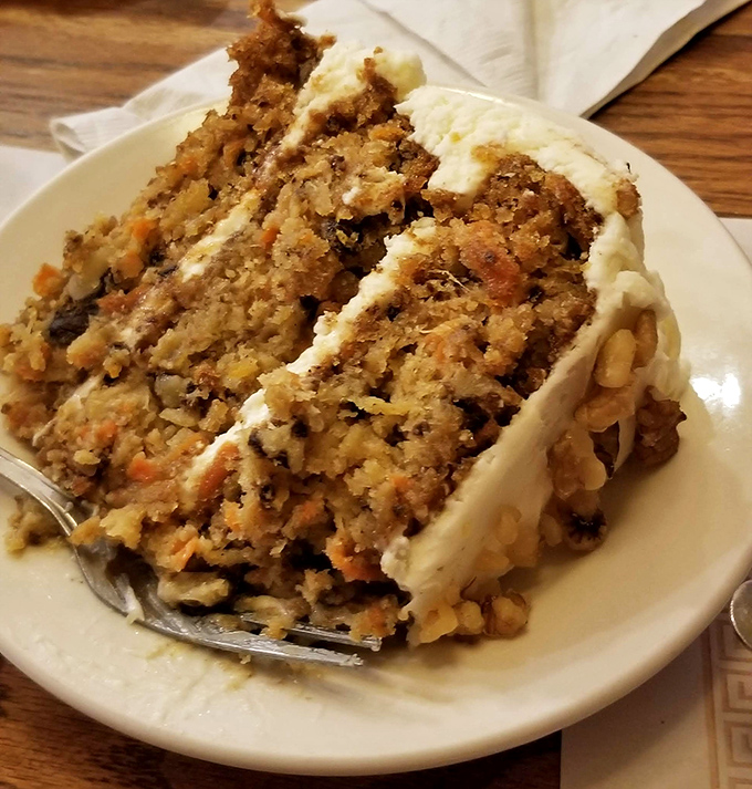 Carrot cake that actually contains visible carrots&mdash;revolutionary! Those layers of cream cheese frosting are negotiating with your willpower, and winning.