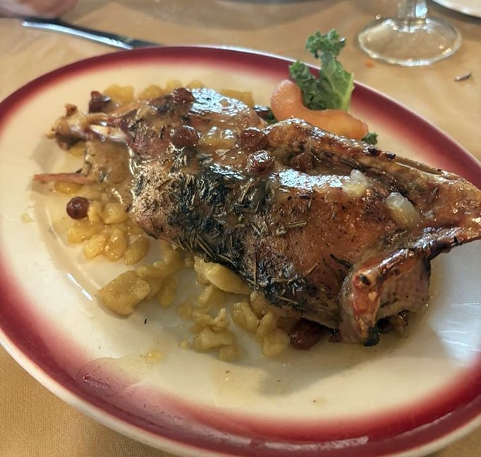 Duck at The Duck Inn? It's like ordering a Springsteen song at the Stone Pony. This herb-crusted perfection resting on a bed of spaetzle is culinary destiny.