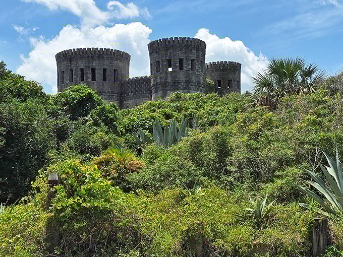 Peeking through lush Florida vegetation, the castle towers appear like something from a fairy tale that took a wrong turn at Orlando.