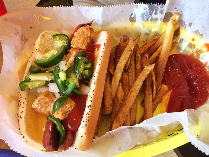 Jalapeños and crispy toppings transform this humble hot dog into a spicy adventure that would make even the most stoic Midwesterner break into a sweat.