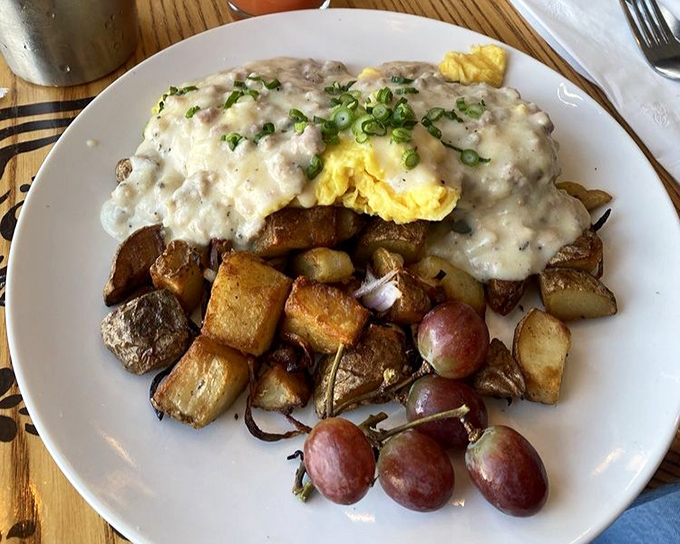 The famous cheddar biscuit breakfast&mdash;where gravy isn't just a topping, it's practically a religious experience. 