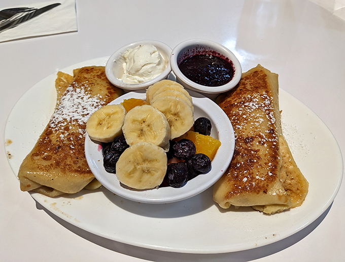 Cheese blintzes with fresh fruit and cream&mdash;like pancakes went to college, got sophisticated, but still know how to have fun.