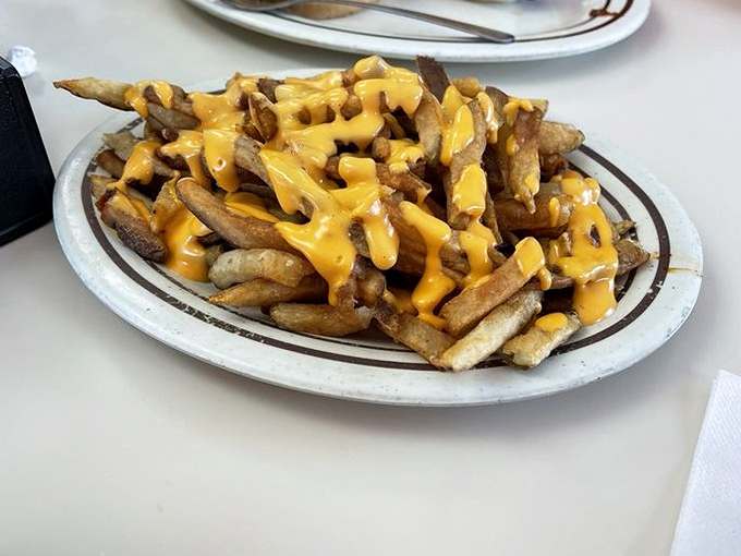 These cheese fries aren't trying to impress food critics—they're trying to make you happy. Mission accomplished with that golden river of molten goodness.