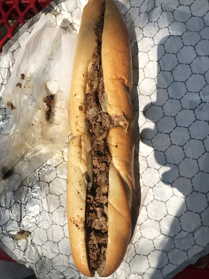 The cheesesteak in its natural habitat &ndash; simple, unpretentious, and absolutely packed with meat. Pennsylvania perfection on a roll.