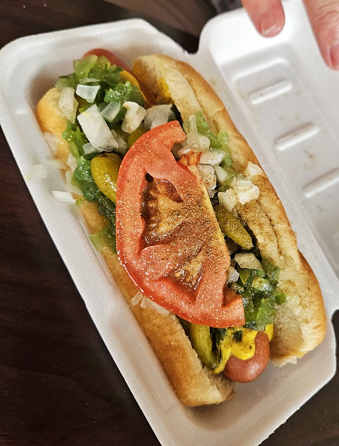 Chicago's idea of a salad: a hot dog adorned with enough toppings to count as a complete meal. Just don't ask for ketchup.