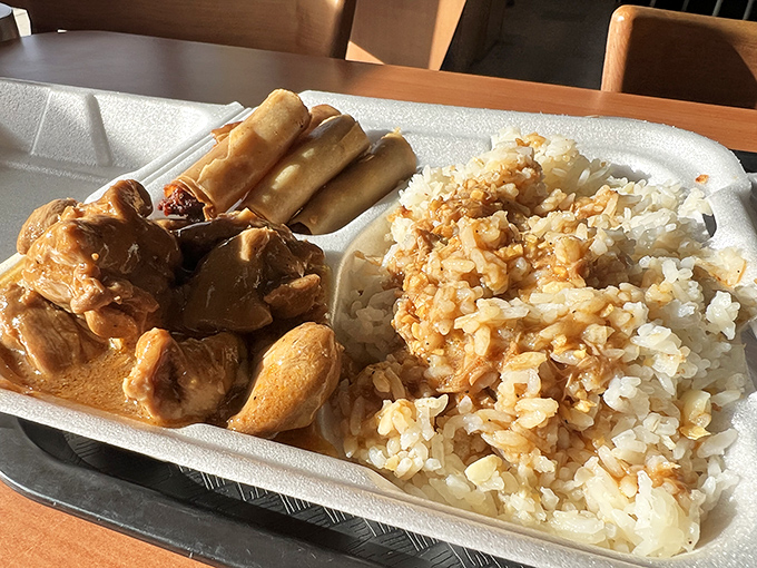 The holy trinity of Filipino comfort: chicken adobo, garlic rice, and lumpia. This tray contains more happiness than most people's vacation photos.