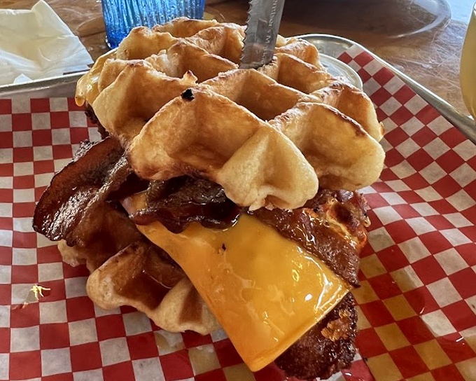 The breakfast sandwich that answers the eternal question: "Why did the chicken cross the waffle?" To create this magnificent stack!