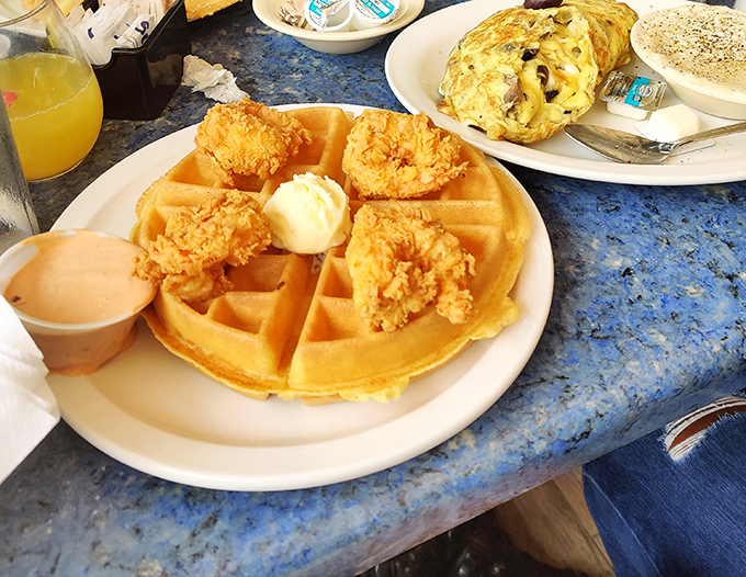 Chicken and waffles: the breakfast-dinner romance that proves opposites attract. Sweet, savory, and utterly irresistible on a single plate.