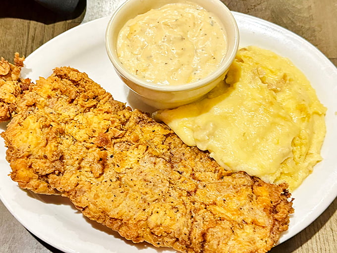 Chicken fried steak that could make a vegetarian question their life choices, served with gravy that deserves its own fan club.
