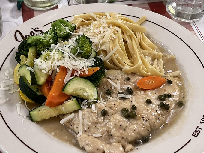 Garden-fresh vegetables and tender chicken piccata &ndash; proof that Joe's isn't just about breakfast. The pasta looks like it's auditioning for an Italian film.