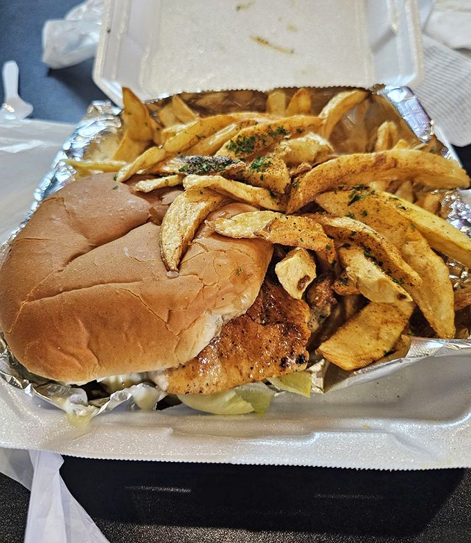 The perfect road trip companion: a sandwich and fries that won't judge you for singing along to your playlist or taking the scenic route.