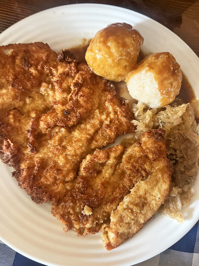 Schnitzel perfection! Golden-brown, crispy exterior giving way to tender meat, with those traditional sides playing perfect supporting roles. 