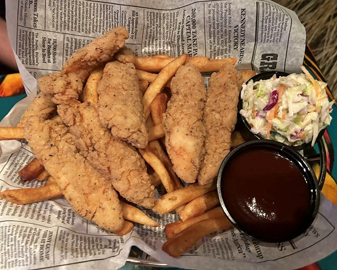 Chicken tenders that actually look like chicken&mdash;a rare species in the world of themed restaurants where food quality often goes extinct.