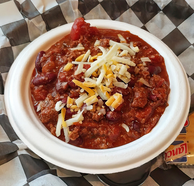 A bowl of chili topped with melted cheese that's practically begging to warm your soul on a Pennsylvania winter day.