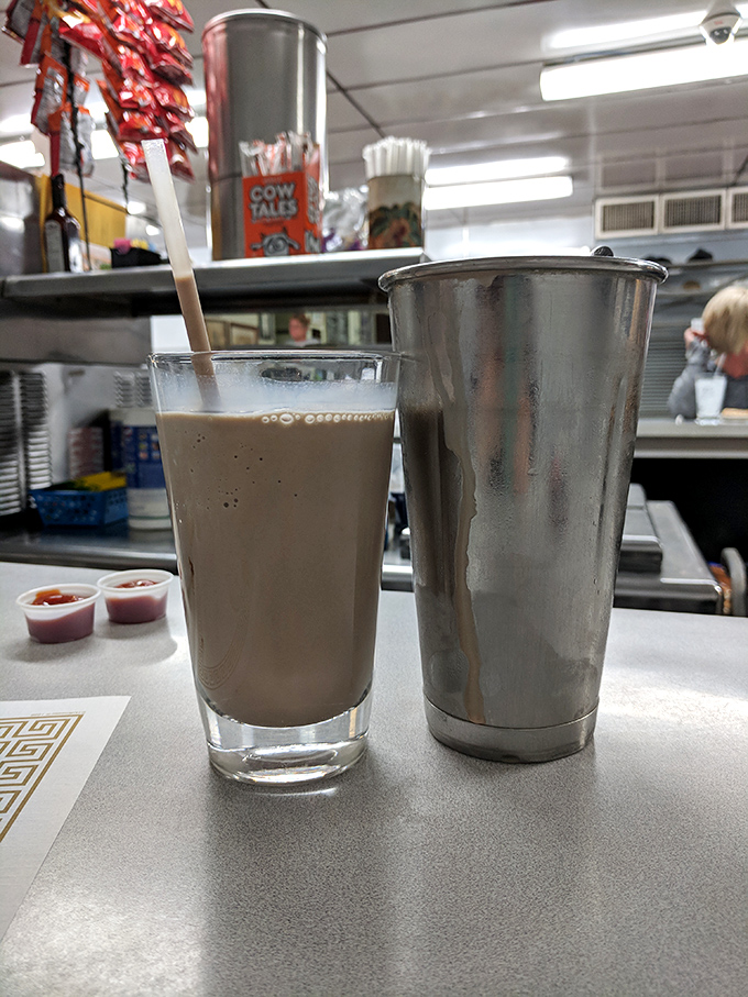 The chocolate shake arrives in two parts&mdash;glass and mixing tin&mdash;because K's knows portion control is something that happens in other restaurants.