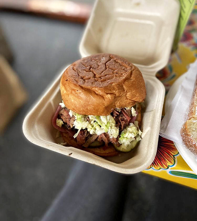 The chopped brisket sandwich&mdash;a perfect meat-to-bun ratio with just enough slaw for crunch. Simplicity that belies the complexity of flavor within.