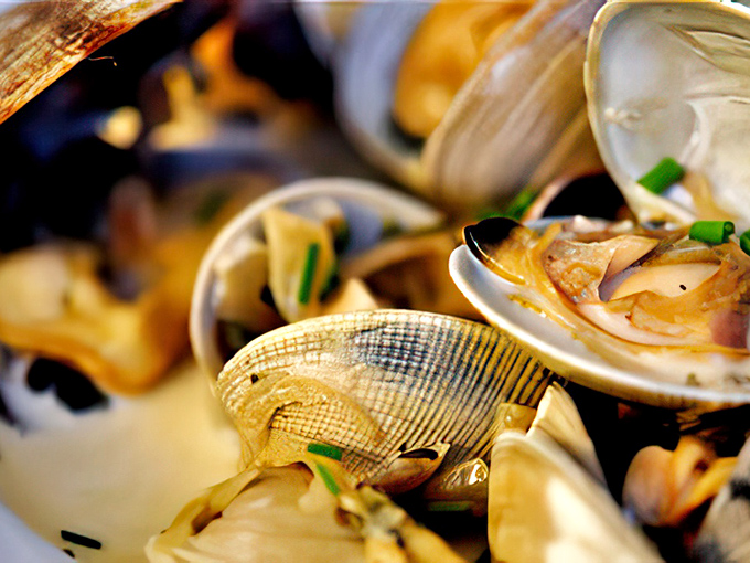 Fresh clams nestled together like tiny treasures from the deep. This dish doesn't just feed you&mdash;it tells a story of the sea.