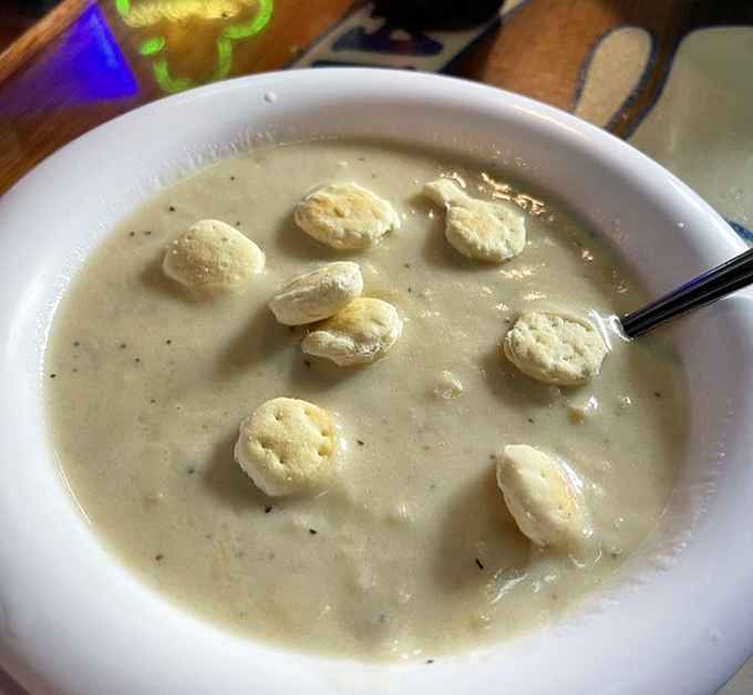The clam chowder, dotted with oyster crackers like little life preservers, is creamy comfort in a bowl.