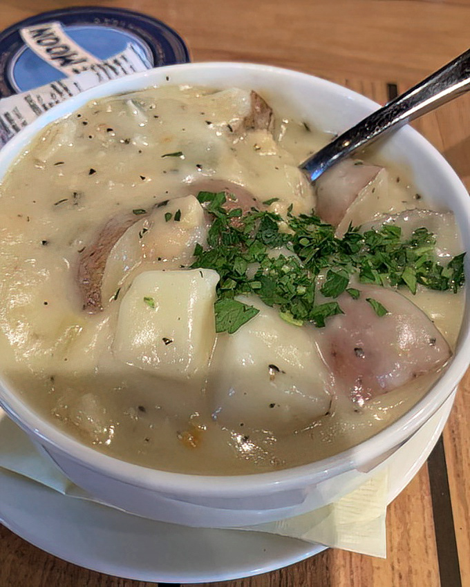 Clam chowder so hearty you could stand a spoon in it. Chunks of potato and clam in creamy broth&mdash;winter in a bowl.
