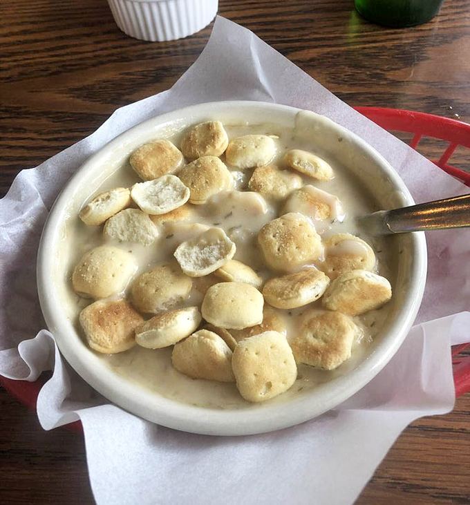 Clam chowder that doesn't skimp on the good stuff. Those oyster crackers floating like little life rafts in a sea of creamy goodness.