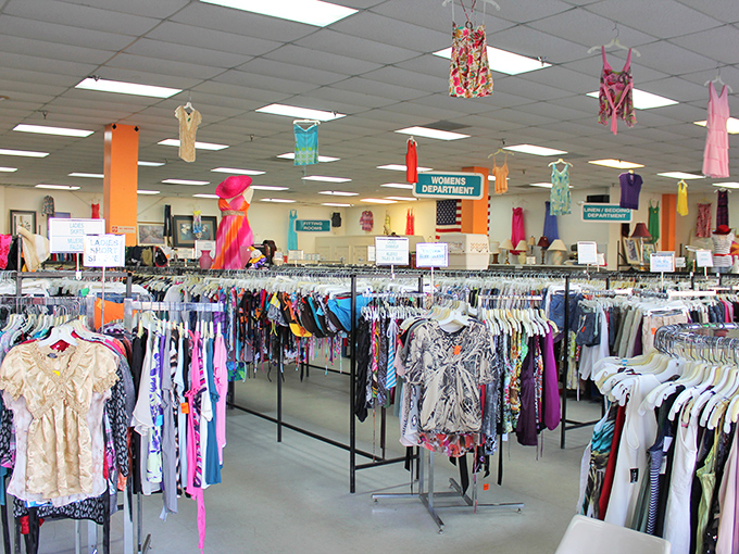 The women's department hangs with colorful potential, where yesterday's fashion trends await their inevitable comeback at fraction-of-retail prices.