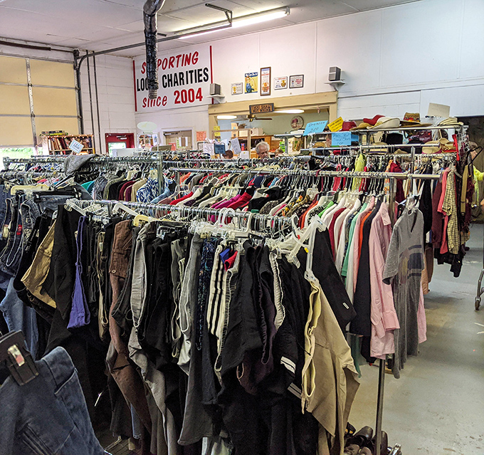 The clothing section stretches as far as the eye can see. More options than your closet at home, with better stories attached.