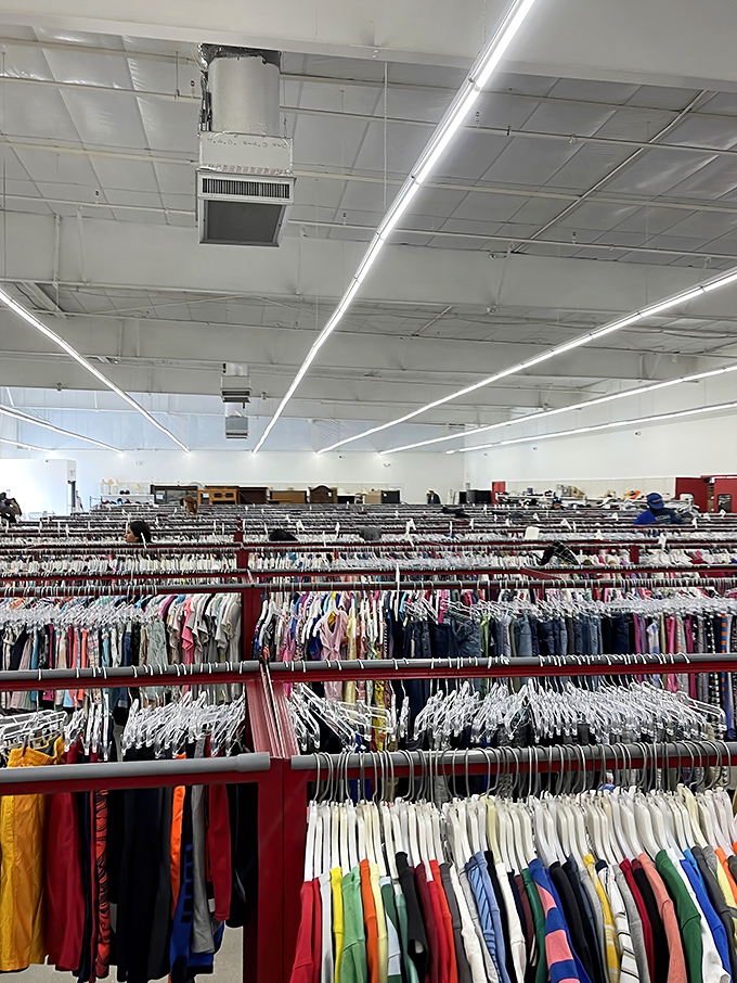 The clothing section stretches to the horizon – a fabric sea where fashion treasures from every era wait to be discovered.