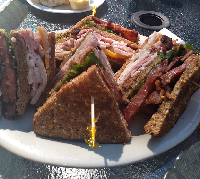 Club sandwich perfection: each triangle revealing layers of delicious conspiracy between bread, meat, and vegetables. The toothpicks are structural support and souvenirs.
