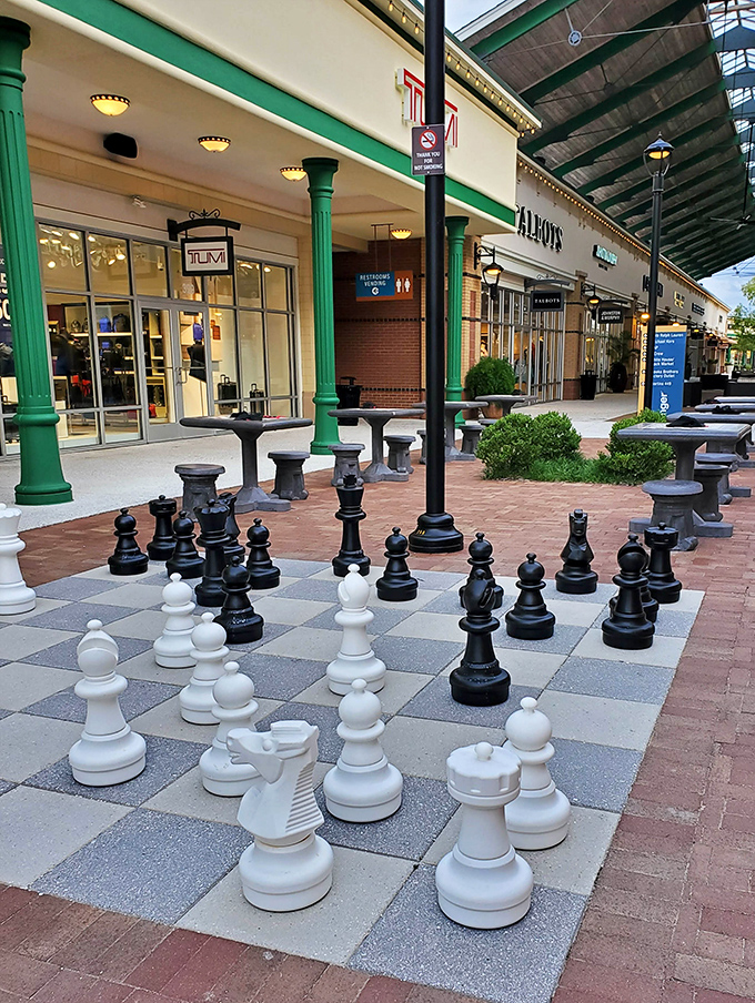Giant chess pieces invite strategic thinking between spending sprees. "Knight takes credit card" is the most common opening move here.
