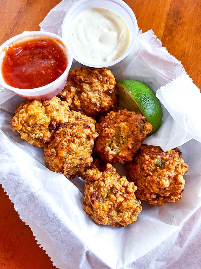 Conch fritters: golden-brown spheres of Florida tradition. Like hush puppies that went to college in the Caribbean.