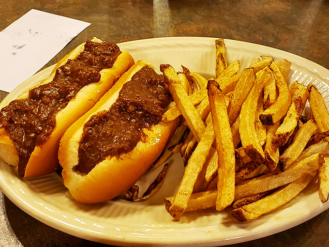 The legendary Coney dogs with that secret-recipe sauce&mdash;two perfect specimens flanked by hand-cut fries that make fast food chains weep with inadequacy.