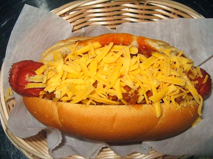 The Coney dog comes dressed to impress with a blanket of chili and a snowfall of shredded cheddar. Simple pleasures elevated to art form.