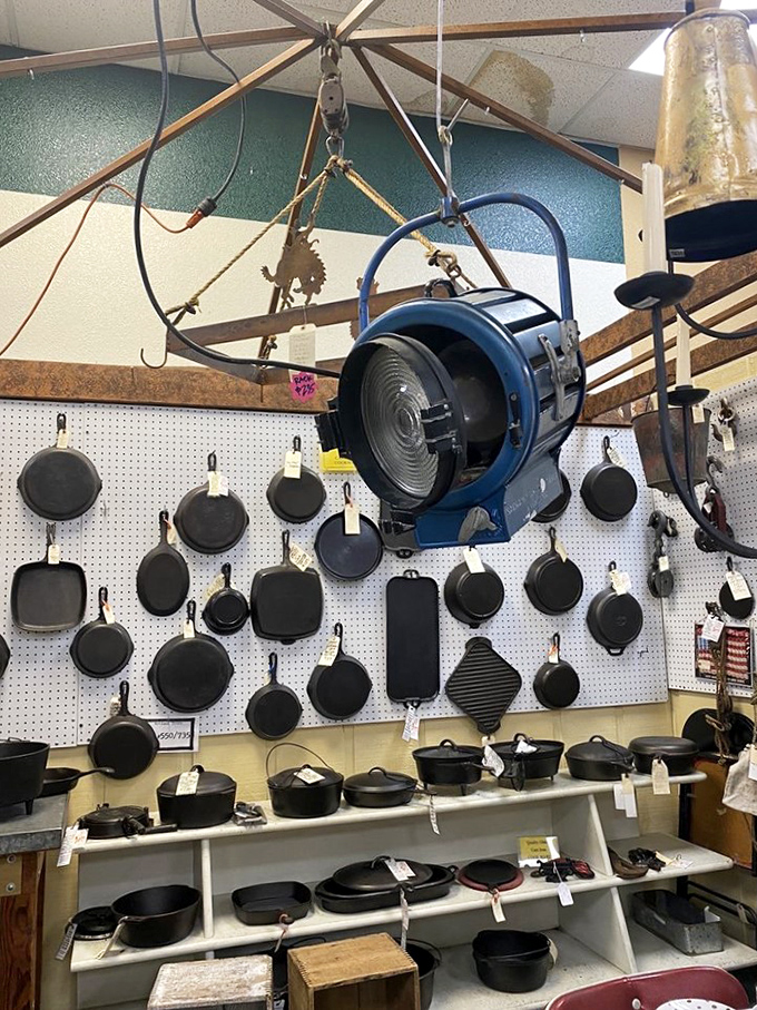 Cast iron paradise where seasoned cookware veterans hang alongside pristine newcomers, all waiting to fry chicken better than any non-stick pretender.