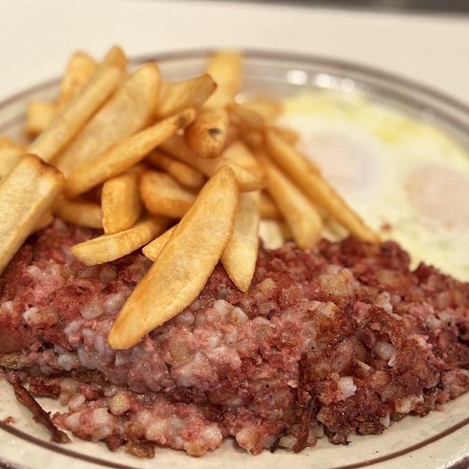 Corned beef hash that would make your Irish grandmother weep with joy. Those crispy edges are where the magic happens.