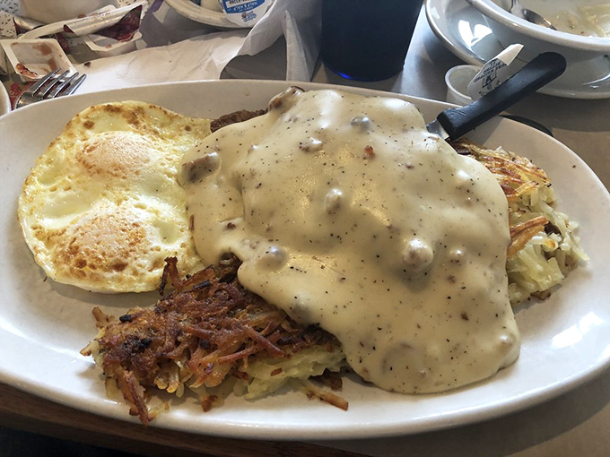 Country fried steak smothered in gravy that would make your grandmother simultaneously proud and jealous.
