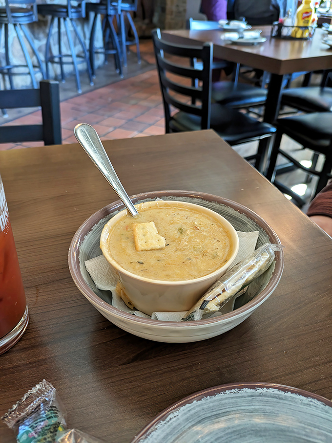 A bowl of creamy bisque that doesn't just warm your stomach but your entire existence. The crackers are merely supporting actors.