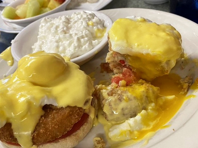 Eggs Benedict elevated to coastal Florida perfection with crab cakes standing in for Canadian bacon. Hollandaise sauce cascades like a yellow waterfall.