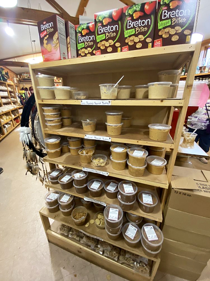 Peanut butter paradise awaits the patient traveler. Shelves stocked with spreadable happiness that makes supermarket versions seem like distant, sad cousins.