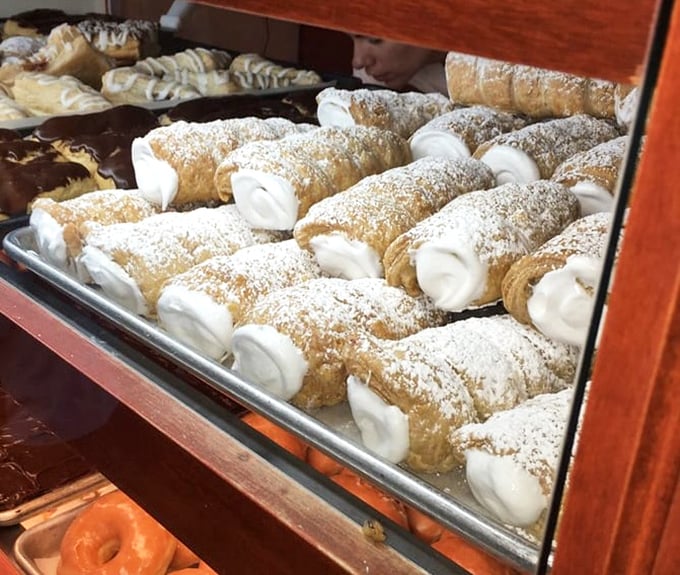 Cream horns dusted with powdered sugar like fresh snow on delicious mountains. Worth the inevitable shirt decoration that follows.