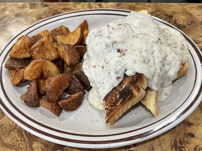 Creamed chipped beef &ndash; the dish your grandfather loved gets a respectful update here, smothering golden toast with velvety sauce alongside perfectly crisped breakfast potatoes.