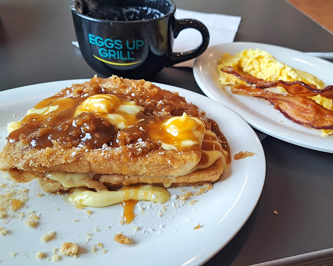 Caramel-drizzled French toast that makes you question all your previous breakfast decisions. This isn't just breaking your fast—it's shattering it with delicious abandon.
