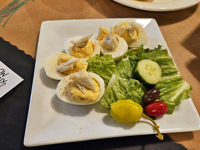 These aren't your average deviled eggs &ndash; they're dressed for a fancy night out with seasoning that whispers, "Welcome to Maryland, hon."