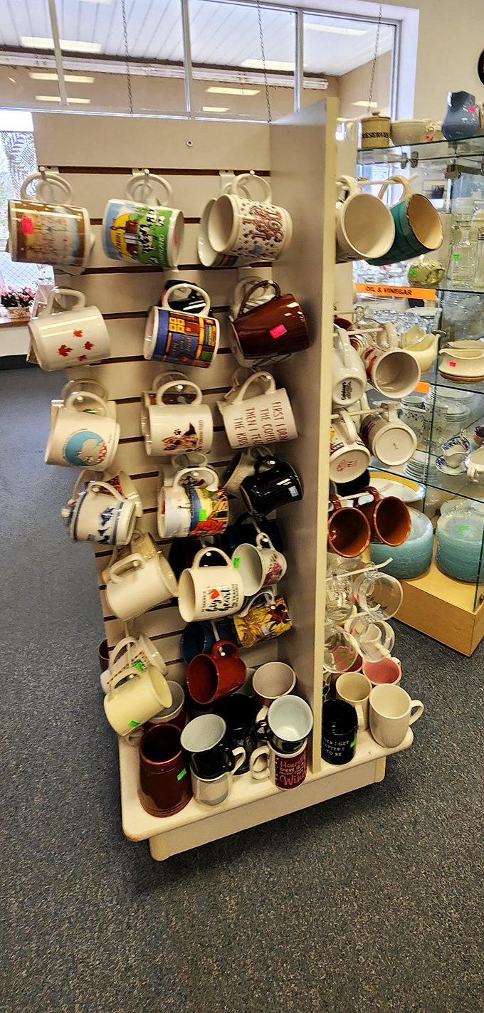 The mug display dangles possibilities for your morning coffee ritual&mdash;each cup with its own personality and previous life story.